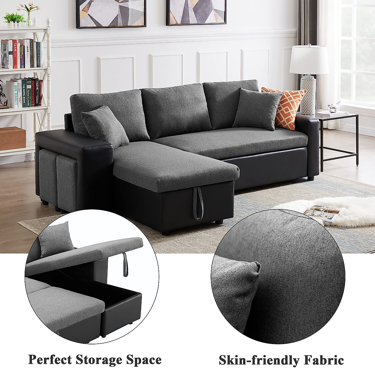 ARCLIS 92.5" Sleeper Sofa Bed, Convertible 3-Seater L-Shape Couch Bed with Storage Chaise 2 Stools Pull Out Sofa Bed, Corner Sectional Sleeper Couch for Living Room Apartment (Gray)