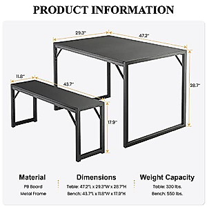 SHA CERLIN 3-Piece Dining Table Set with 2 Benches, Rustic Kitchen Table Set for 4-6, Space-Saving Dinette, Sturdy Structure, Easy Assemble, Black/Grey
