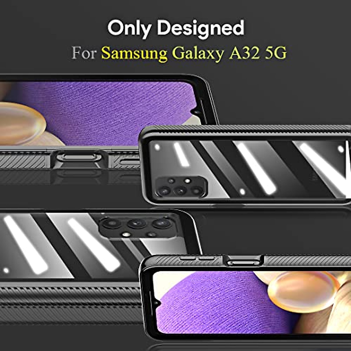HATOSHI Samsung Galaxy A32 5G Case with Built in Screen Protector, [Military-Grade] Full-Body Shockproof Heavy Duty Protection Crystal Clear Back Protective Phone Case Cover for Samsung A32, Black