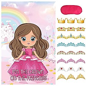 Pin The Crown on The Princess Party Games for Kids Girls Princess Birthday Party Supplies Pin The Tail Game Princess Tea Party Decorations, Large Princess Poster with 24 Crown Stickers