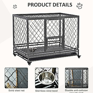 PawHut Heavy Duty Dog Crate Metal Kennel and Cage Dog Playpen with Lockable Wheels, Slide-Out Tray, Food Bowl and Double Doors, 49"
