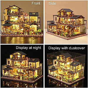 Yuzhen DIY Miniature Dollhouse Kit with Furniture and LED Lights, Japanese Wooden Dollhouse Includes Dustcover and Music Box, Collectibles for Hobbies