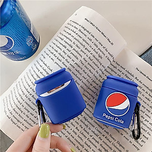 Ultra Thick Soft Silicone Pepsi Cola Case with Hook for Apple Airpods 1 2 Air Pods Wireless Earbuds Protective 3D Blue Drink Can Shaped Fun Cool Fresh Gift Kids Teens Men Boys Girls