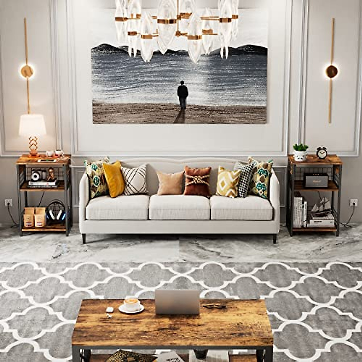 LDTTCUK Side Table with Charging Station & USB Ports,3-Tier End Table for Living Room,Study,Bedroom,Narrow Sofa Table Bedside Table with Storage Shelf,Small Nightstand,Rustic Brown