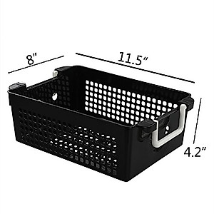 Jekiyo 4 Packs Plastic Basket with Handle, Black Stackable Baskets for Storage