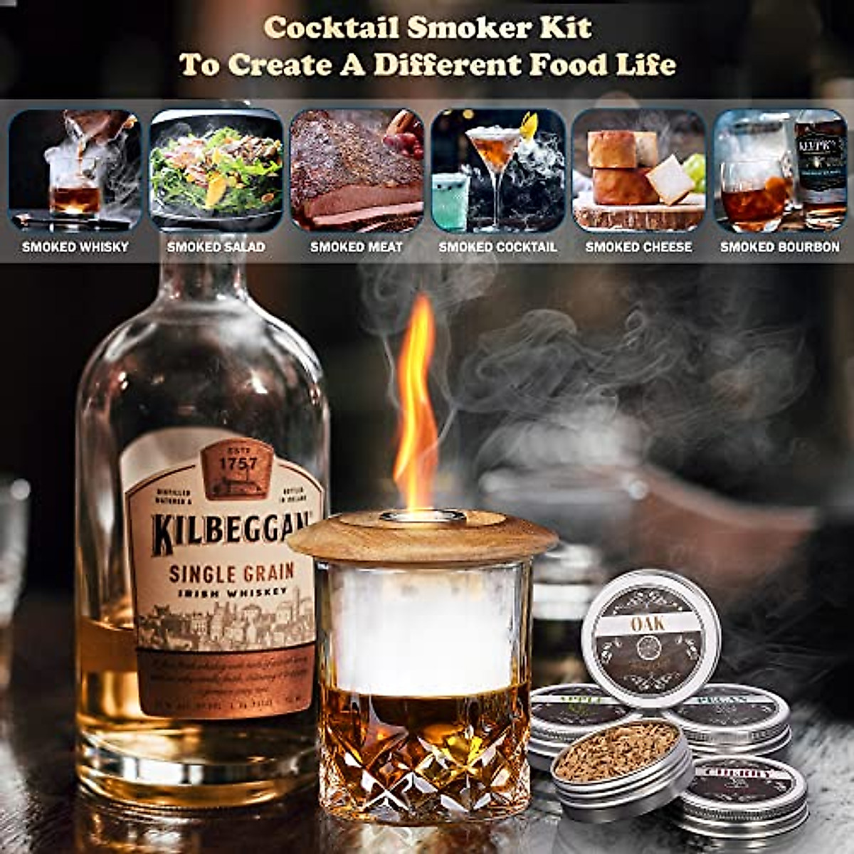 Cocktail Smoker Kit with Wood Chips - Old Fashioned Chimney Drink Smoker Set for Infuse Cocktails, Whiskey & Bourbon, Ideal Gifts for Men, Boyfriend, Husband, Dad