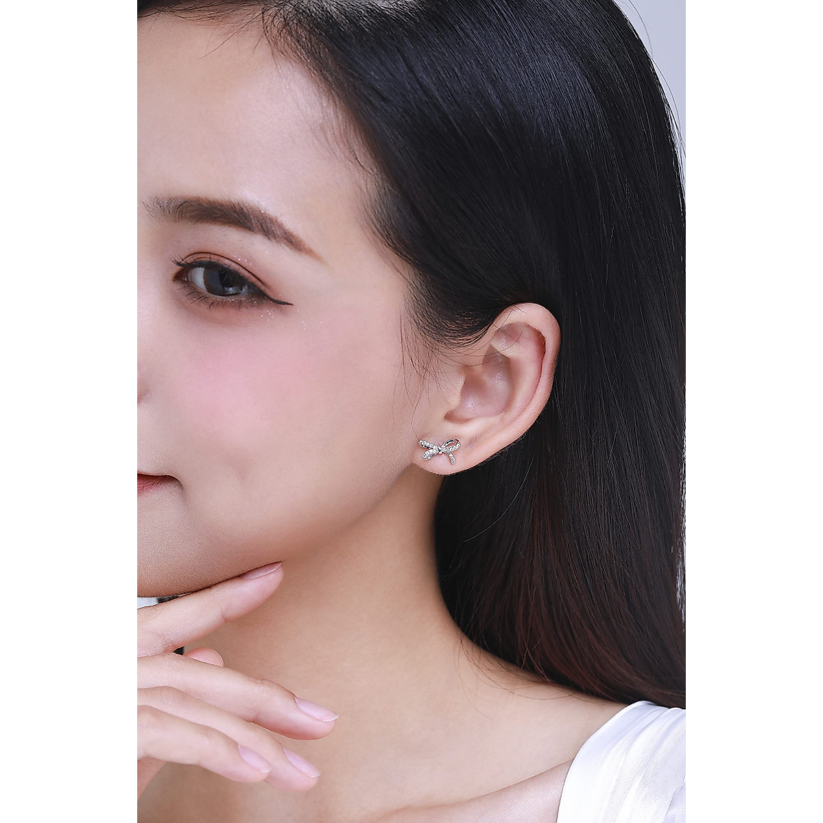 Coodilor 925 Sterling Silver Bow Stud Earrings With Cubic Zirconia, 14K White Gold Plated Earrings for Women, Perfect for Gift