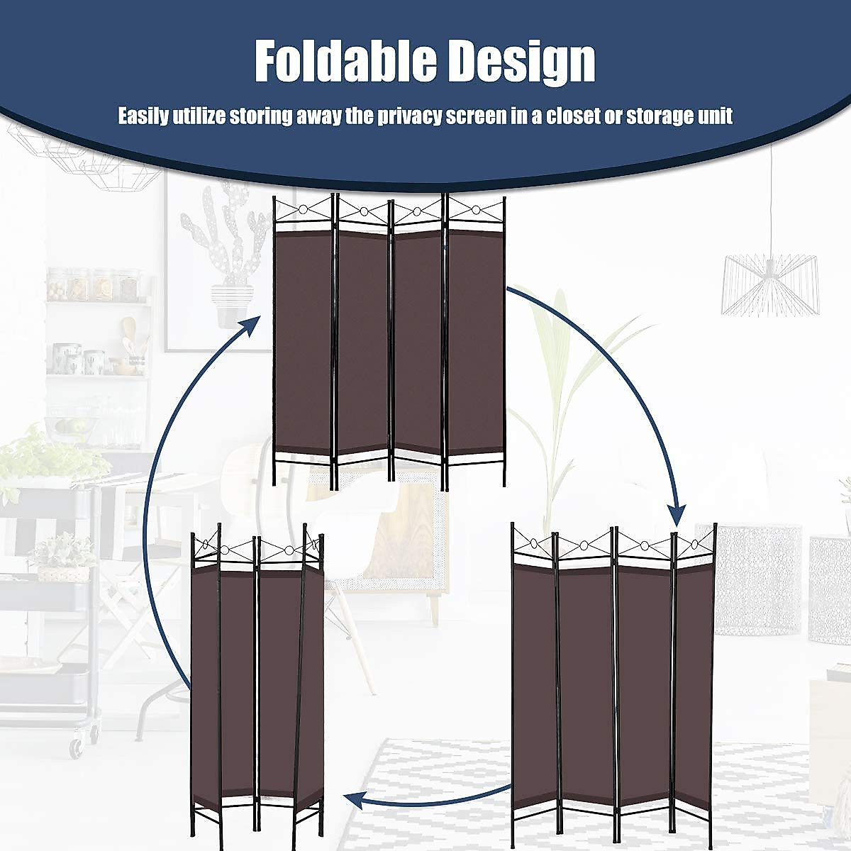 ReunionG 4-Panel Room Divider, 6 FT Wide Steel Frame Screen, Folding Privacy Partition, Freestanding Room Dividers for Home Office (Brown)