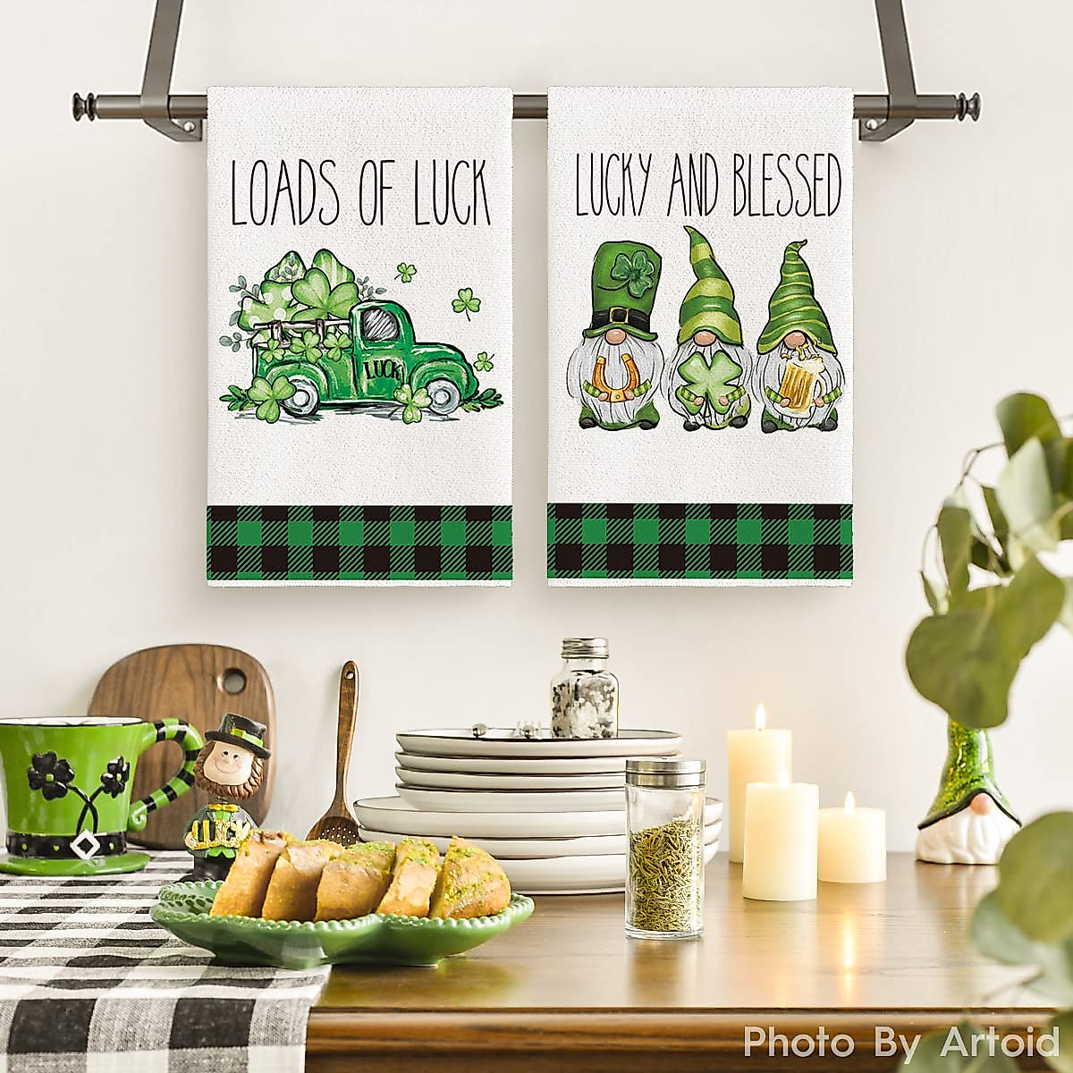Artoid Mode Buffalo Plaid Lucky Clover Shamrock Truck Gnomes Kitchen Dish Towels, 18 x 26 Inch Seasonal St. Patrick's Day Ultra Absorbent Drying Cloth Tea Towels for Cooking Baking Set of 2