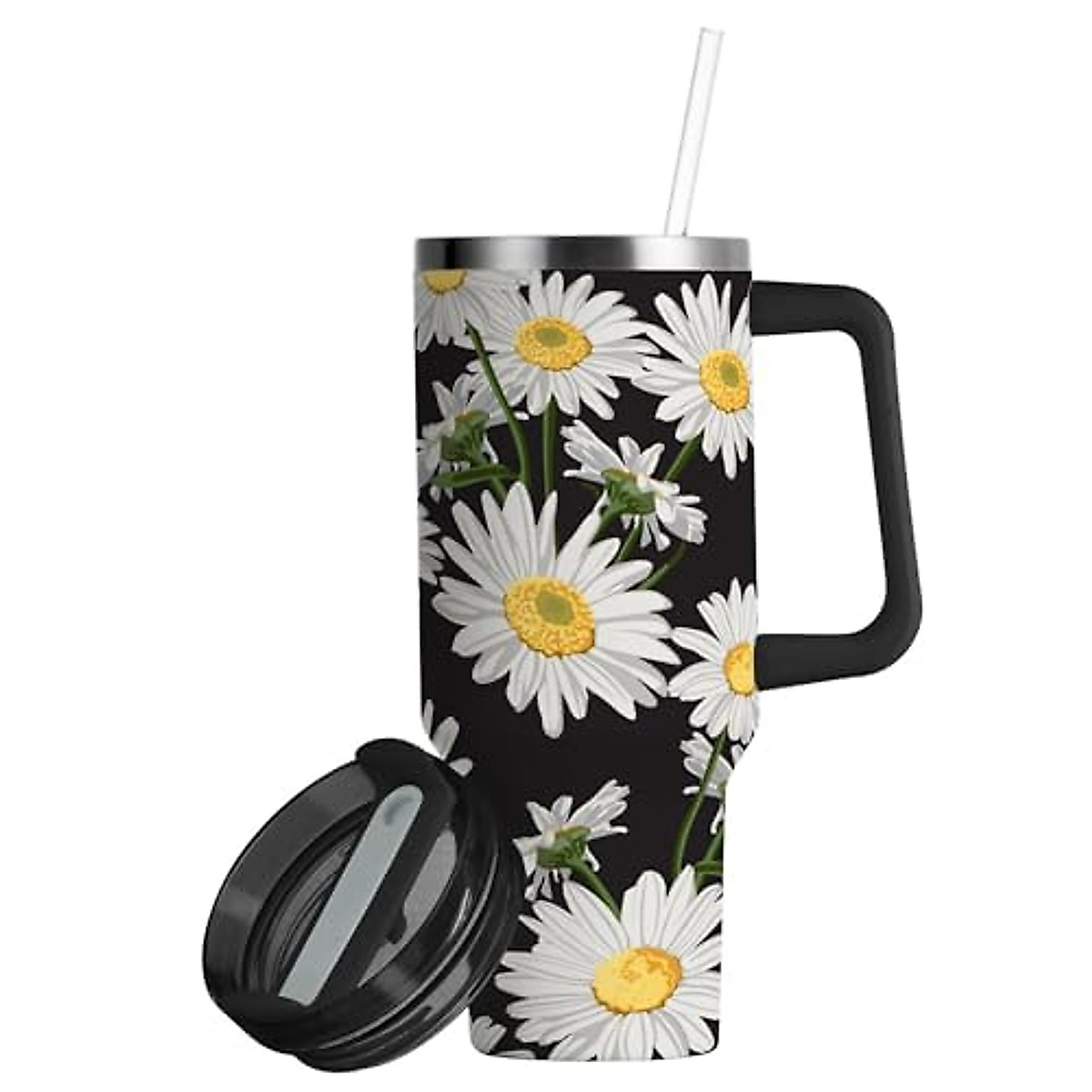 pnyoin White Daisy Insulated Tumblers With Handle And Straw 30 oz Stainless Steel Tumbler Cups With Lid Leakproof BPA-Free Water Bottle,Cup Holder Compatible for Travel