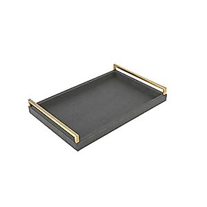WV Decorative Tray Dark Grey Faux Shagreen Leather with Brushed Gold Stainless Steel Handle ,Serving Tray for Coffee Table, Ottoman in Living Room (Dark Grey)