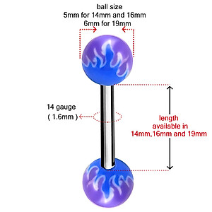 14Gx9/16 (1.6x14MM) 316L Surgical Steel Straight Barbell with 5MM UV Flame Ball Tongue Piercing Rings - 10 Pieces Assorted Color as Show