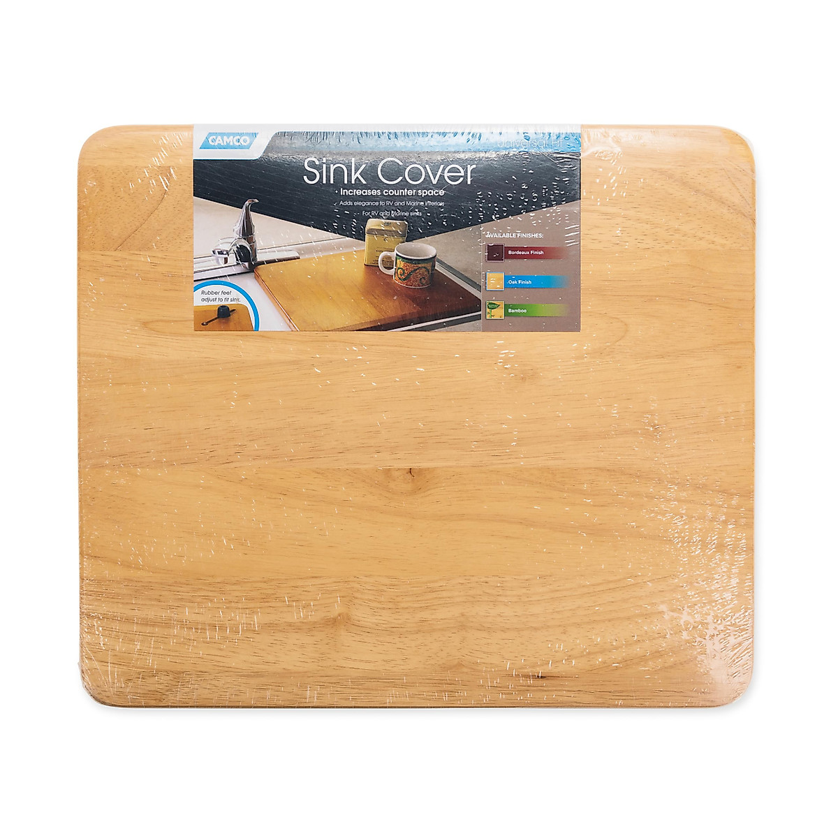 Camco RV Oak Accents Sink Cover, 13" x 15" | Adds Additional Counter and Cooking Space in Your Camper or RV Kitchen | Features an Oak Wood Finish with Adjustable Rubber Feet (43431)