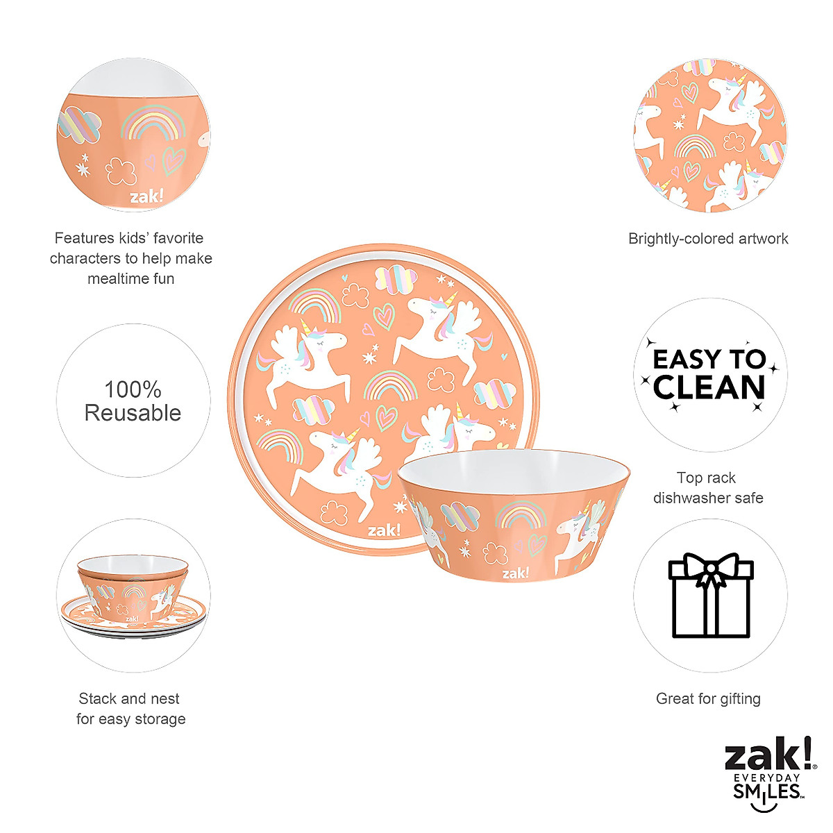 zak! Unicorn - 5-Piece Dinnerware Set - Durable Plastic & Stainless Steel - Includes Water Bottle, 8-Inch Plate, 6-Inch Bowl, Fork & Spoon - Suitable for Kids Ages 3+