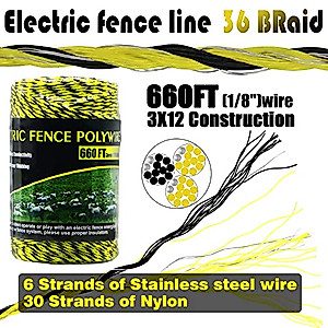 Upgraded Electric Fence Poly Wire 660 Feet 200 Meters 1/8" Dia Portable Electric Fencing Polywires and 100 Pcs Black Electric Fence Insulator