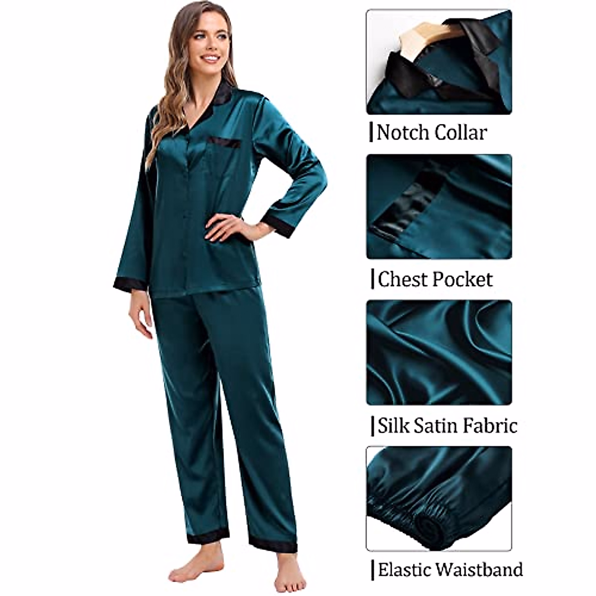 SWOMOG Silk Pajamas Set Women Long Sleeve Satin Sleepwear Loose Long Pants Loungewear Couples Pjs Set for His and Her Deep Green