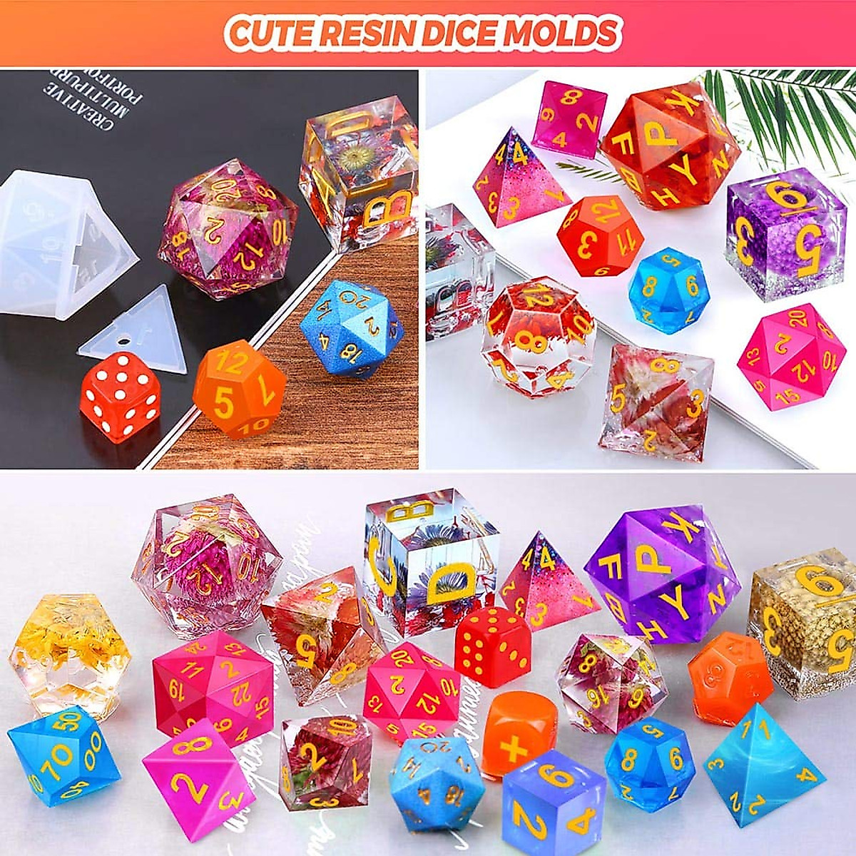 Resin Dice Molds, Shynek 19 Styles Polyhedral Game Dice Molds Set with Silicone Dice Mold, Mixing Sticks, Measuring Cup, Droppers, Acrylic Paints Set for Epoxy Resin Dice Making