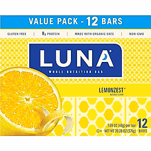 LUNA Bar - LemonZest Flavor - Gluten-Free - Non-GMO - 7-9g Protein - Made with Organic Oats - Low Glycemic - Whole Nutrition Snack Bars - 1.69 oz. (12 Pack)