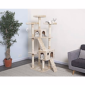 Go Pet Club 72" Premium Cat Tree Kitty Tower Kitten Condo for Indoor Cats with Scratching Posts, Condos, Ladders, Soft Perches, and Hanging Toy Cat Activity Center Furniture, Beige