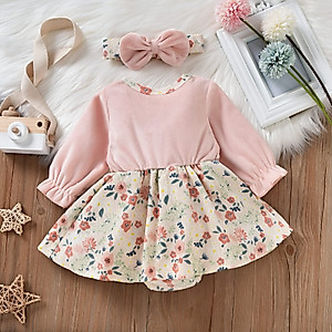 Sasaerucure Infant Newborn Baby Girls Fall Winter Corduroy Dress Long Sleeve Romper Ruffle Floral Bodysuit Fluffy Cardigan Set (Pink, 0-3 Months)