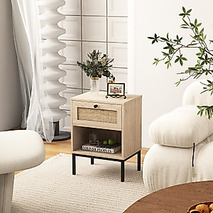 GOFLAME Rattan Nightstand Set of 2, Boho Bedside Table with Drawer & Open Shelf, Wooden End Table with Metal Legs, Farmhouse Sofa Side Table for Bedroom and Small Spaces, Oak
