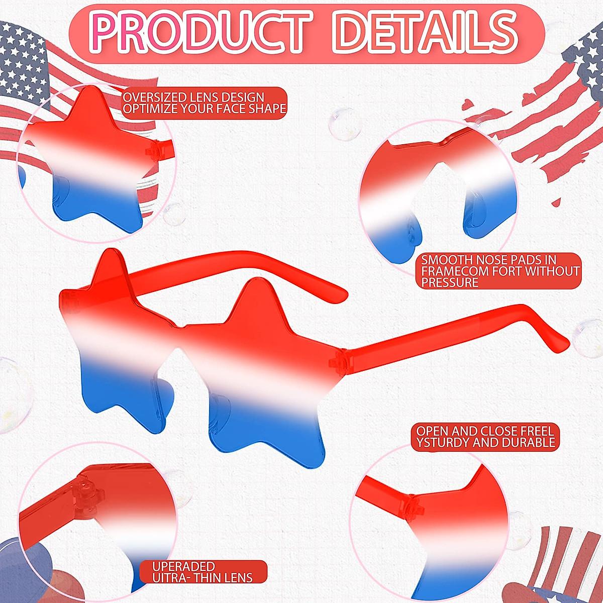 RTBOFY 2 Pack Star Sunglasses for Adult Fashion Party Queen Style Rimless Star Shaped Glasses for Veterans Day Party Favor