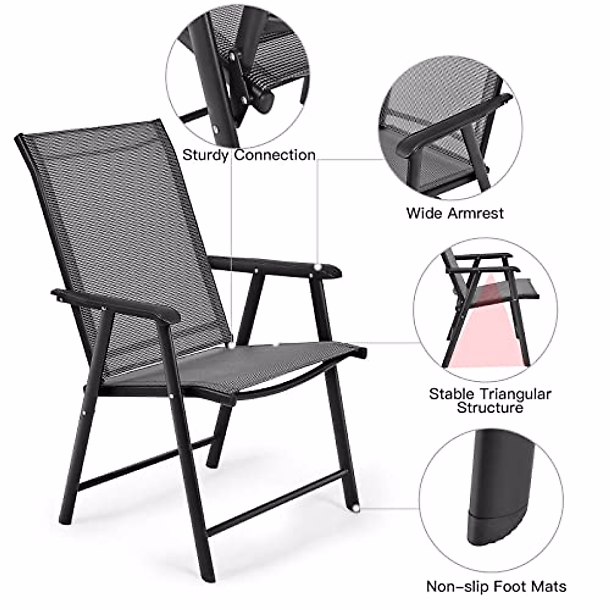 RELAX4LIFE Patio Dining Chairs Set of 2 Outdoor Folding Chairs Set W/Armrest,High Backrest,Breathable Fabric, Metal Frame for Courtyard, Garden, Poolside No-Assembly 2 ps Sling Chairs