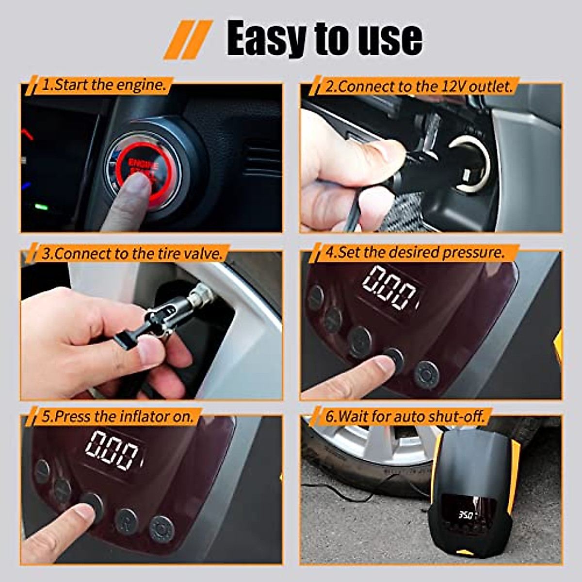 Rickwayy Tire Inflator Portable Air Compressor, 12V DC Air Pump for Car Tires, 150PSI Auto Portable Air Compressor with Emergency Light, Air Pump for Car, Motorcycle, Bicycle and Other Inflatables