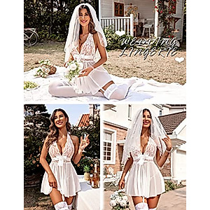 Avidlove Women Lace Babydoll Lingerie with Garter Belt V Neck Mesh Chemise White L