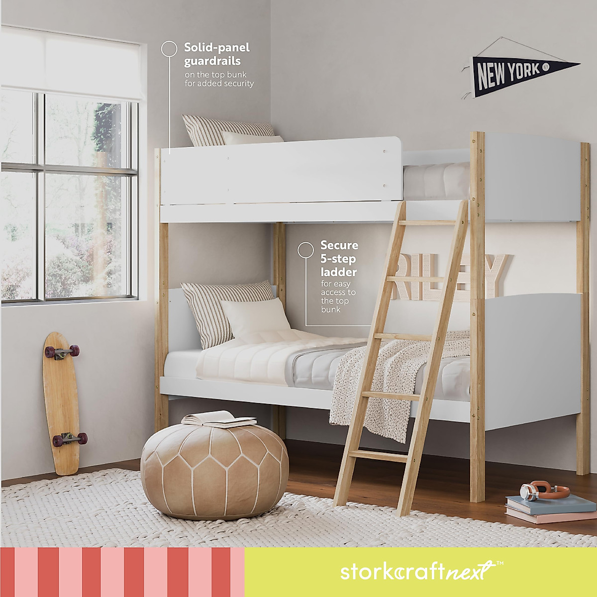 Storkcraft Next Delray Twin-Over-Twin Convertible Bunk Bed (White with Natural) – Modern, Stylish, 2-Tone Bunk Bed for Kids Bedroom