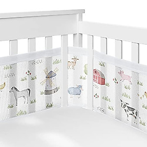 Sweet Jojo Designs + BreathableBaby Farm Animals Boy Girl Breathable Mesh Crib Liner Anti-Bumper Baby Infant Gender Neutral Watercolor Farmhouse Barn Horse Cow Sheep Chickens Nature Trees Gray Green