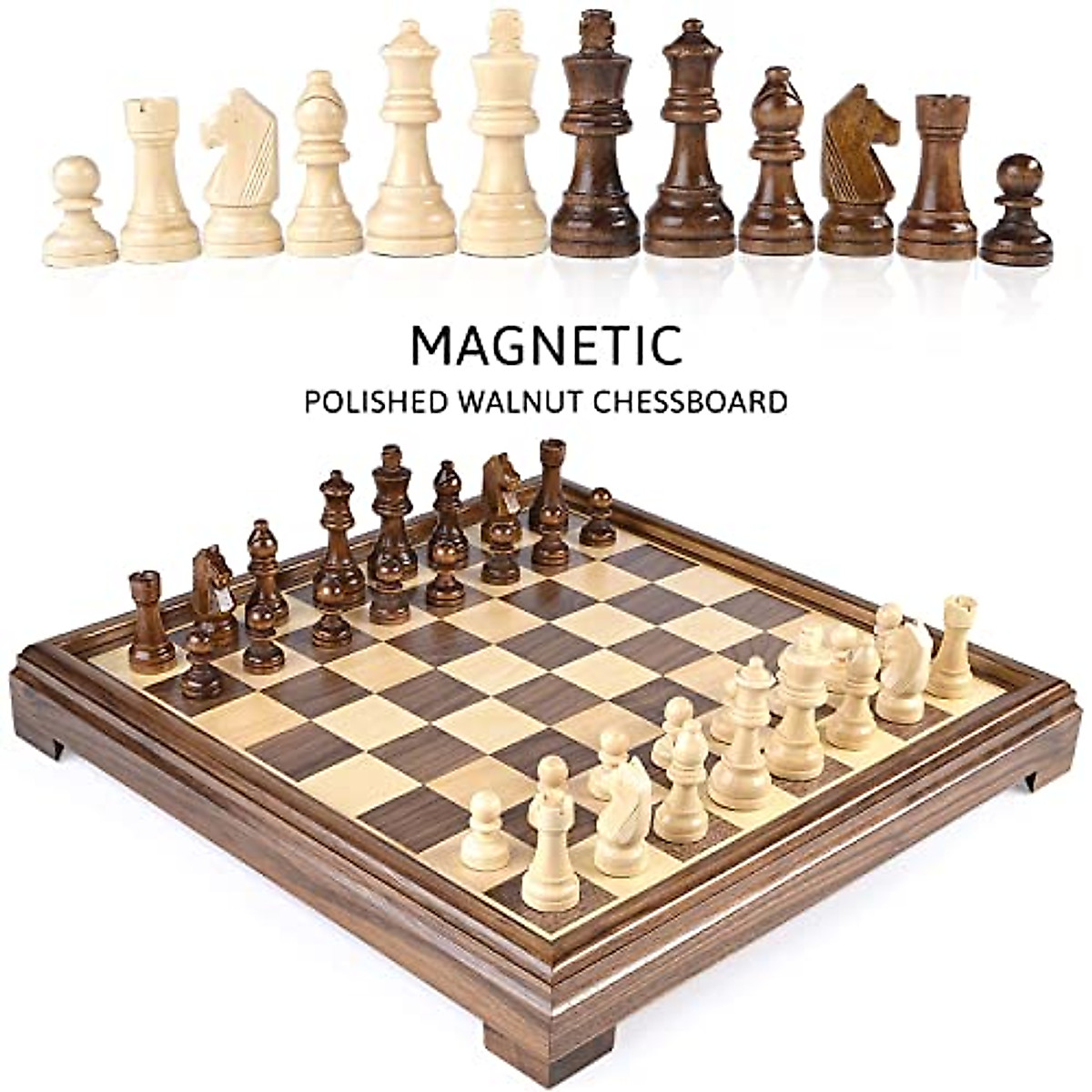 OUMODA Luxury Magnetic Wooden Chess Game Set - 15" Walnut Chess Board with Stylish Chess Pieces - 2 Extra Queens, Strap-Style Elastic Rope Storage, High End Gift, Birthday Housewarming Retirement