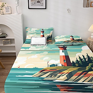 Lighthouse Sheets Full Size, Ocean Sea Bed Sheets, Patterned Bedding Sheets & Pillowcases 4 Piece Set - Soft Microfiber Deep Pocket Fitted Sheet & Flat Sheet & 2 Pillow Cases L3-&-227