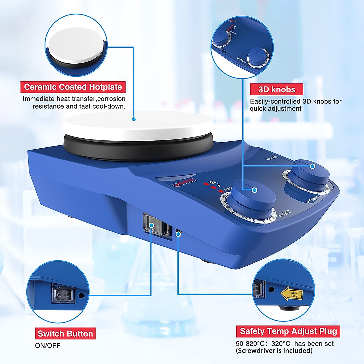 FOUR E'S SCIENTIFIC 310°C/590°F 5 Inch Magnetic Stirrer Hot Plate | Max 5L Stirring Capacity | 100-1500RPM | Aluminum Alloy Magnetic Mixer with Stir Bar