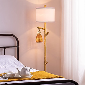 63.5" High Rustic Farmhouse Tree Trunk Floor Lamp Brown Finish Wicker Drum Shade and Linen Fabric Shade Lamp Decor for Living Room Bedroom