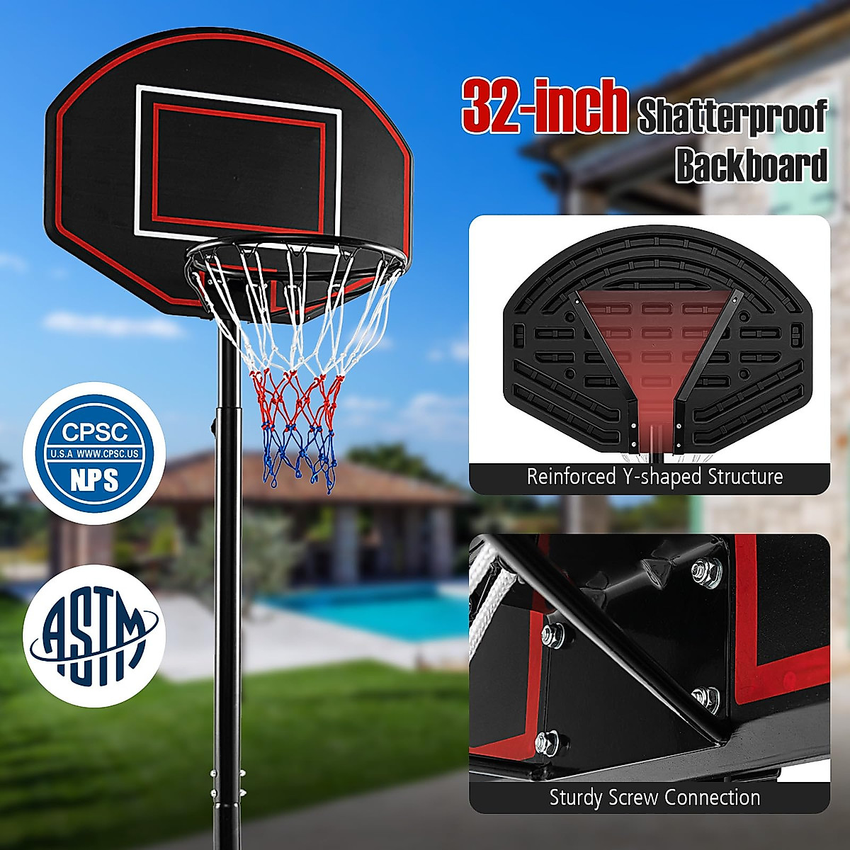 Goplus Portable Basketball Hoop Outdoor, 5.5-7.5 FT Basketball Goal with 5 Adjustable Height, 32" Shatterproof Backboard, Wheels, Fillable Base, Indoor Basketball Stand for Kids Teenagers Youth Adults