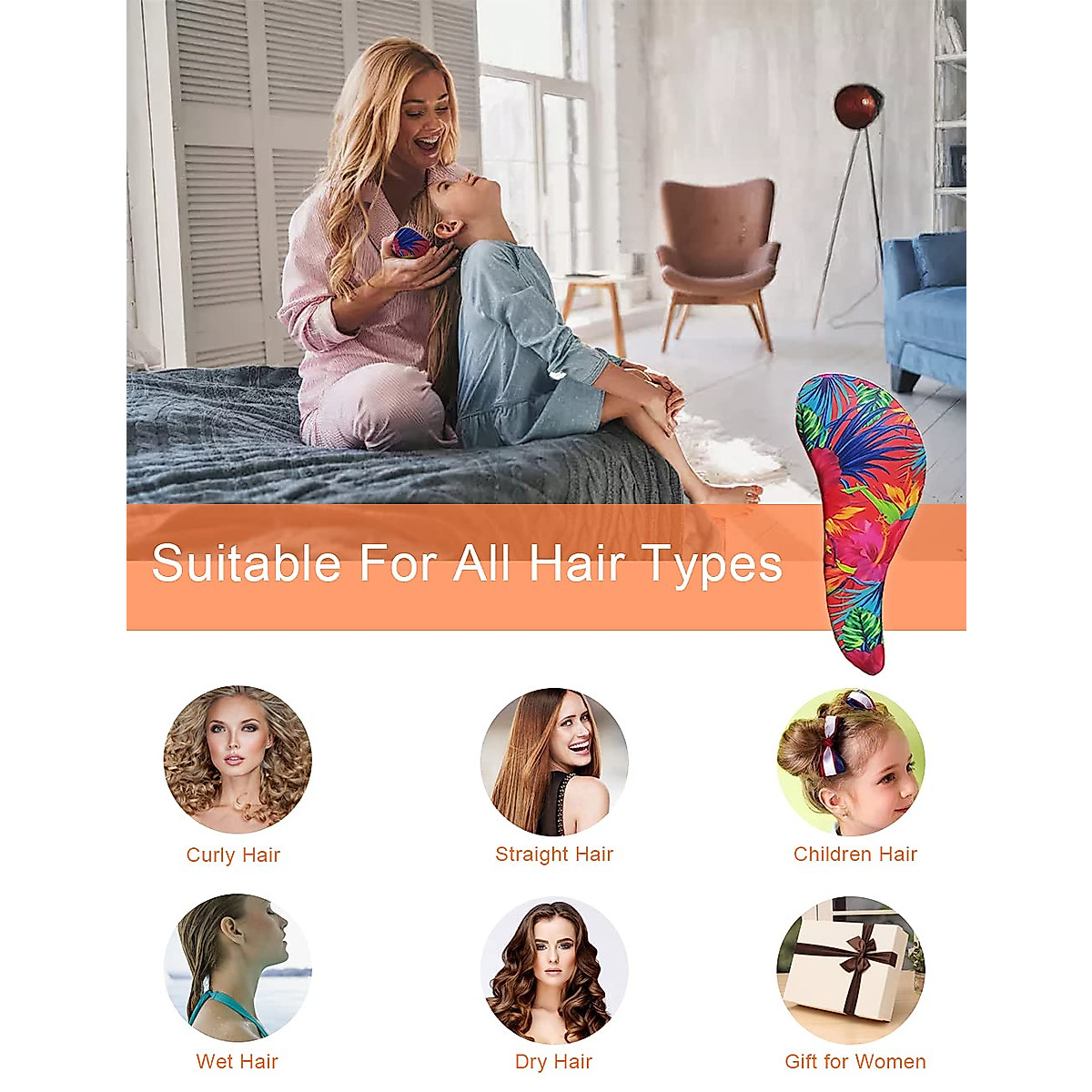 Detangling Hairbrush and Comb Set - Detangling Brush for Wet, Dry, Curly, Women & Kids Hair with Wide Tooth Comb and 3 Alligator Styling Sectioning Clips of Professional Hair Salon Quality (Tropica Plants)