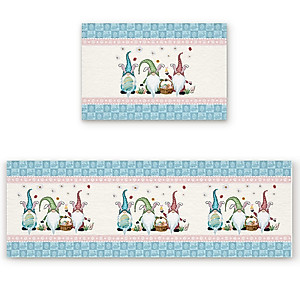 Z&L Home Happy Easter Lovely Gnomes Kitchen Rug Sets 2 Piece Floor Mat Non-Slip Rubber Backing Area Runners Door Mats, Cute Bunny Eggs Buffalo Plaid Indoor Washable Carpet, 15.7x23.6inch+15.7x47.2inch