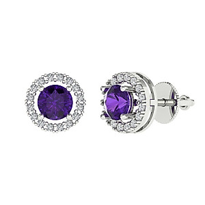 Clara Pucci 1.5ct Round Cut Halo Solitaire Natural Amethyst Unisex Designer Solitaire Stud Screw Back Earrings Solid 14k White Gold