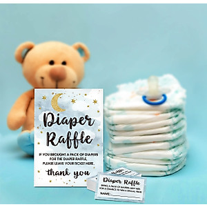 Diaper Raffle Baby Shower Game Set(1 Standing Sign + 50 Guessing Cards), Moon and Stars Diaper Raffle Tickets for Baby Shower, Twinkle Twinkle Little Star Baby Shower Party Favor Decor - B08