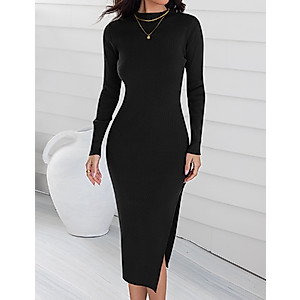 ZESICA Women's 2024 Ribbed Knit Dress Long Sleeve Mock Neck Slim Fit Side Slit Fall Elegant Sweater Dresses,Black,Medium