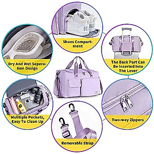FIORETTO Sports Gym Duffle Bag with Shoes Compartment, Weekend Travel Overnight Bag for Women, Mens, Foldable Water Resistant Holdall Hospital Bag For Swimming, Basketball (Light Purple)