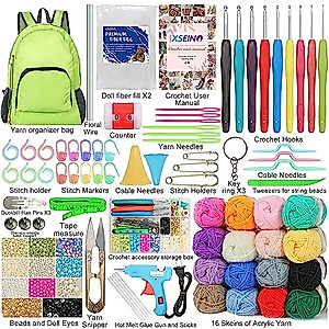 XSEINO Crochet Kit with Step-by-Step Video Tutorials,Includes Premium 16 Roll-800Yard Crochet Yarn, 9 Crochet Hooks, Crochet Bag and All Accessories Kit - Crochet Kit for Beginners