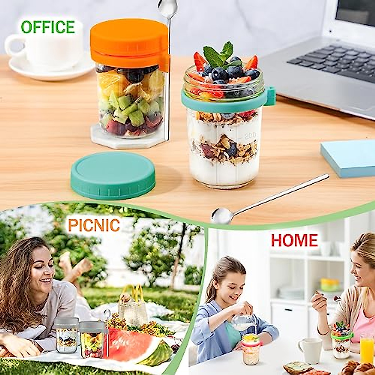 Tekuve Overnight Oats Containers with Lids and Spoon 2 Pack, Glass 16 oz Mason Jars with Airtight Lid for Overnight Oats Meal Prep Chia Yogurt Salad Fruit Pink Green