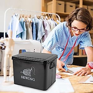 Xbopetda Metal Sewing Box, Sewing Kit Storage Box, 2-Tier Sewing Basket with Removable Tray, Sewing Supplies Organizer, Sewing Storage Box for Sewing Accessories, Scissor, Thread, Pins, Clips (Black)