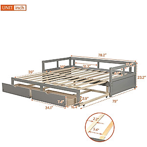 MERITLINE Daybed Frame with Two Storage Drawers, Twin to King Daybed Extendable Design,Wooden Sofa Bed for Bedroom Living Room,Grey