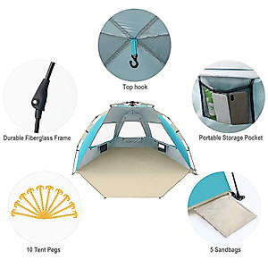 G4Free 3-4 Person Beach Tent Pop Up Shade, Lightweight UPF 50+ Beach Sun Shelter Family Size, Easy Setup and Portable Sun Shade Canopy Cabana(Lake-Blue)