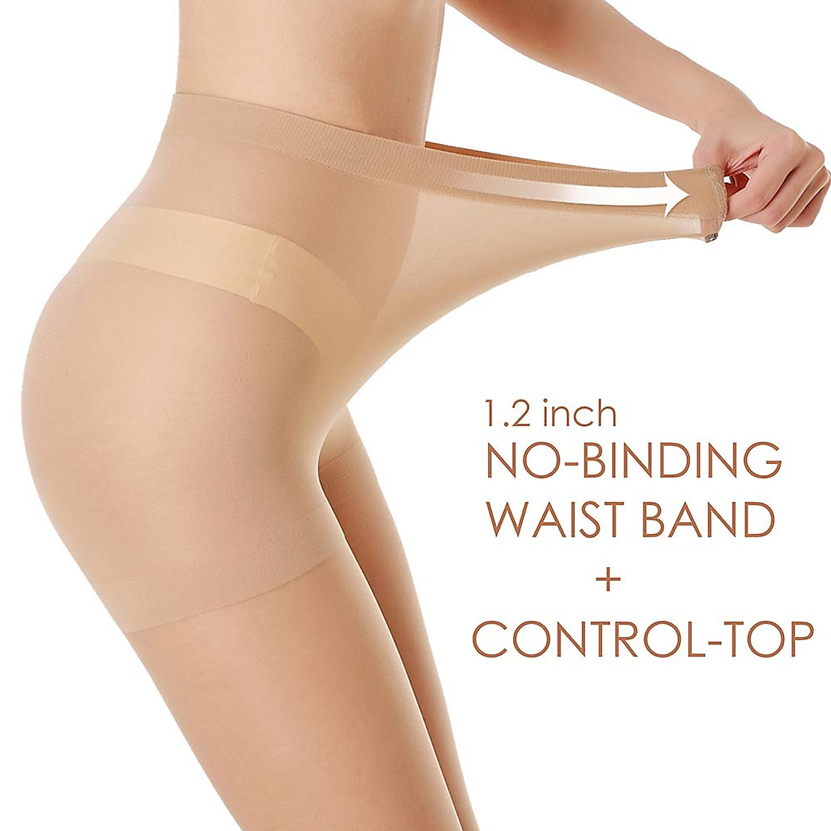 G&Y 3 Pairs Women's Sheer Tights - 20D Control Top Pantyhose with Reinforced Toes, Nude, L