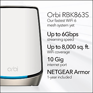 NETGEAR Orbi Tri-Band WiFi 6 Mesh Network System (RBK863S) – Router + 2 Satellite Extenders, Security Features, Up to 6Gbps, Up to 8,000 sq.ft., 100 Devices, 10 Gig Internet Port, Armor Subscription