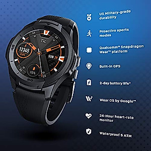 TicWatch S2, Waterproof Smartwatch with Built-in GPS for Outdoor Activities, Wear OS by Google, Compatible with Android and iOS (Black)